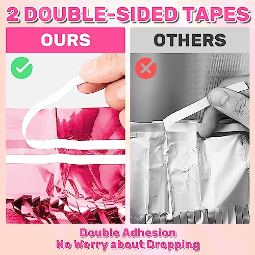 4-Pack Backdrop for Party Decorations, Foil Fringe Backdrop Curtains, Tinsel Streamers for Birthday Party Decorations, Pink Backdrop Curtains for Girl Graduation Unicorn Mermaid Disco Princess Parties