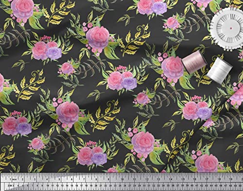 Soimoi Black Cotton Canvas Fabric Leaves & Rose Floral Print Fabric by The Yard 44 Inch Wide