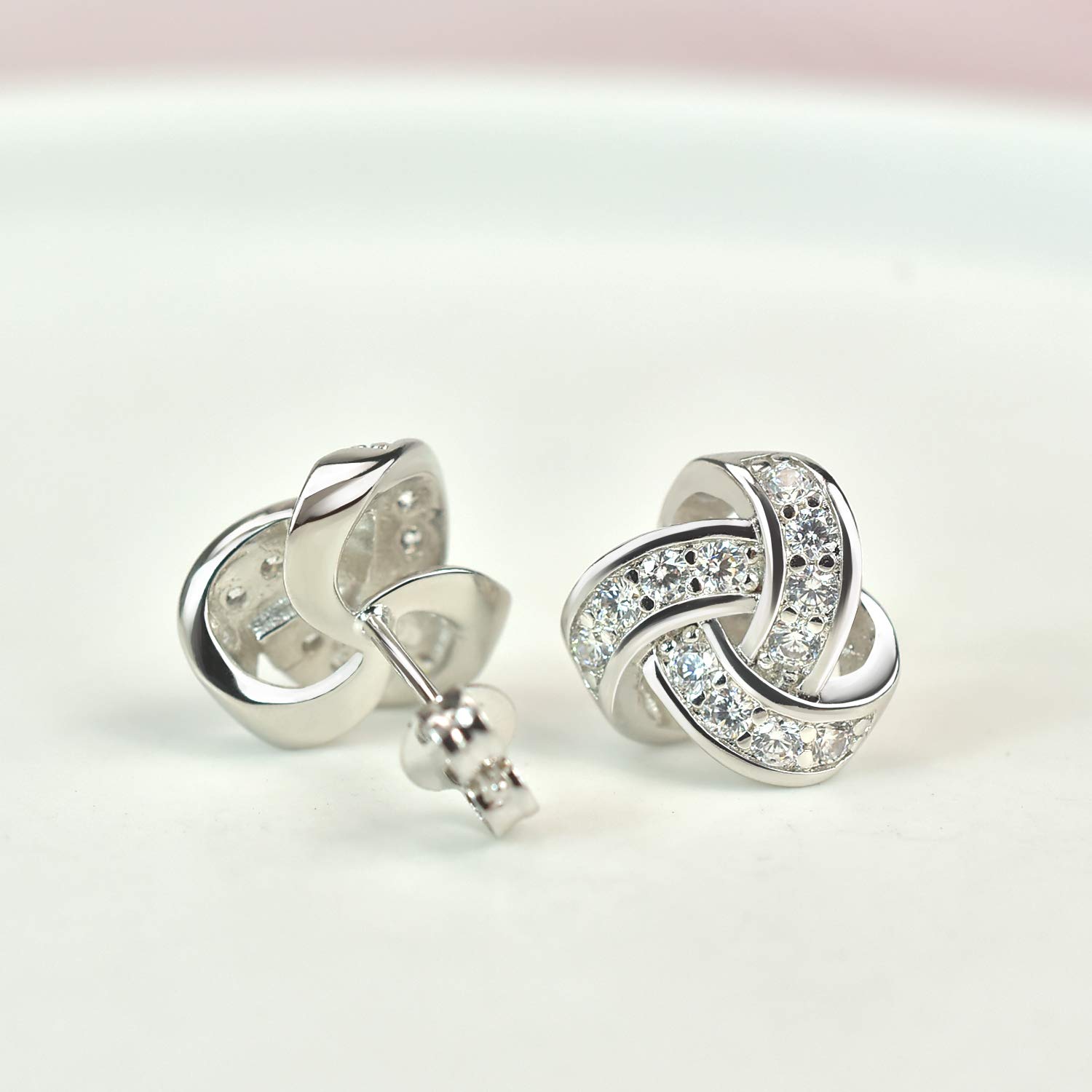 14K Gold Plated Stud Earrings | 925 Sterling Silver Post CZ Hypoallergenic Earrings Love Knot Cubic Zirconia Earrings for Women (White)