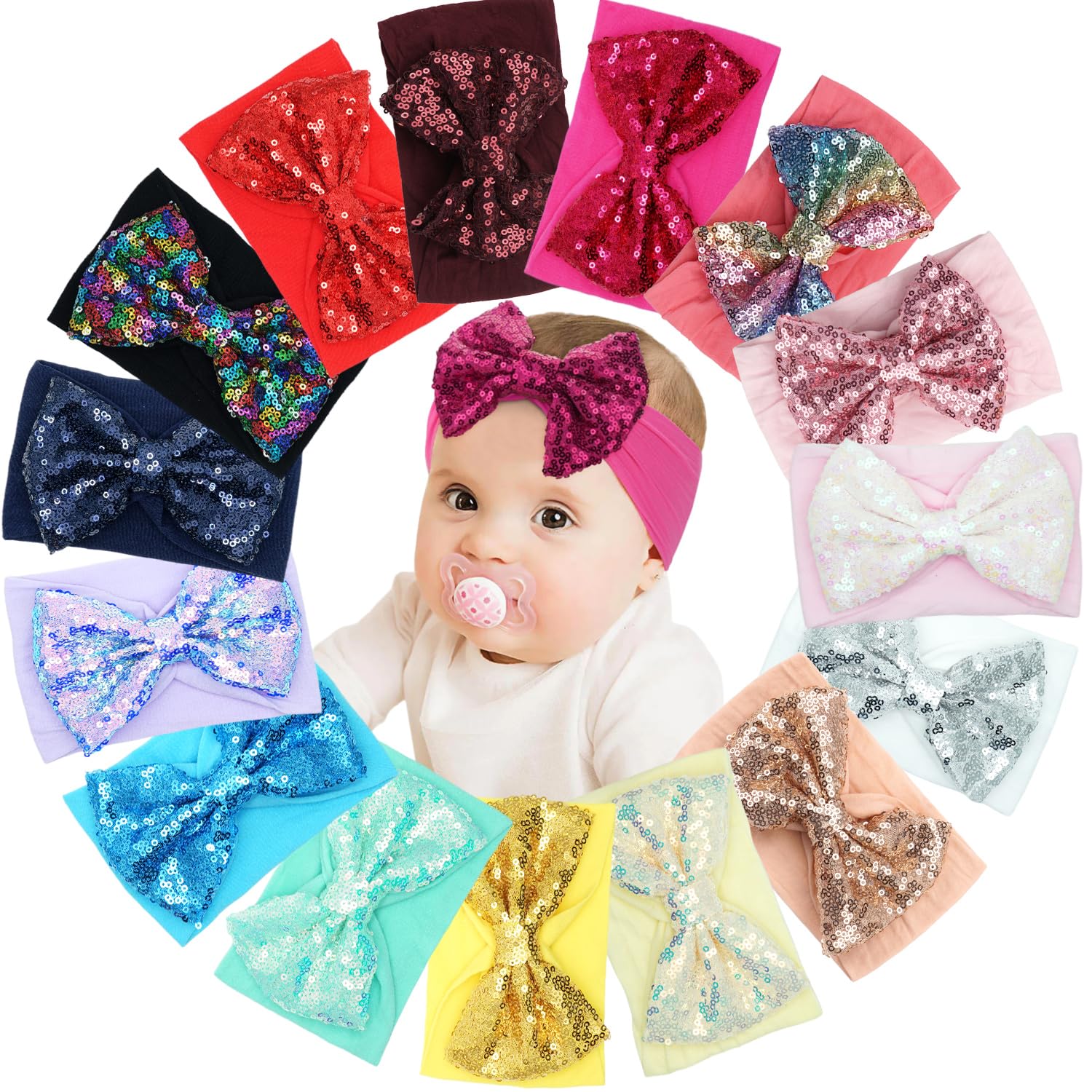 CÉLLOT Baby Girls Headbands Glitter Fesival 5 Inch Hair Bows Headbands for Newborn Infant Toddler Photographic Set of 15