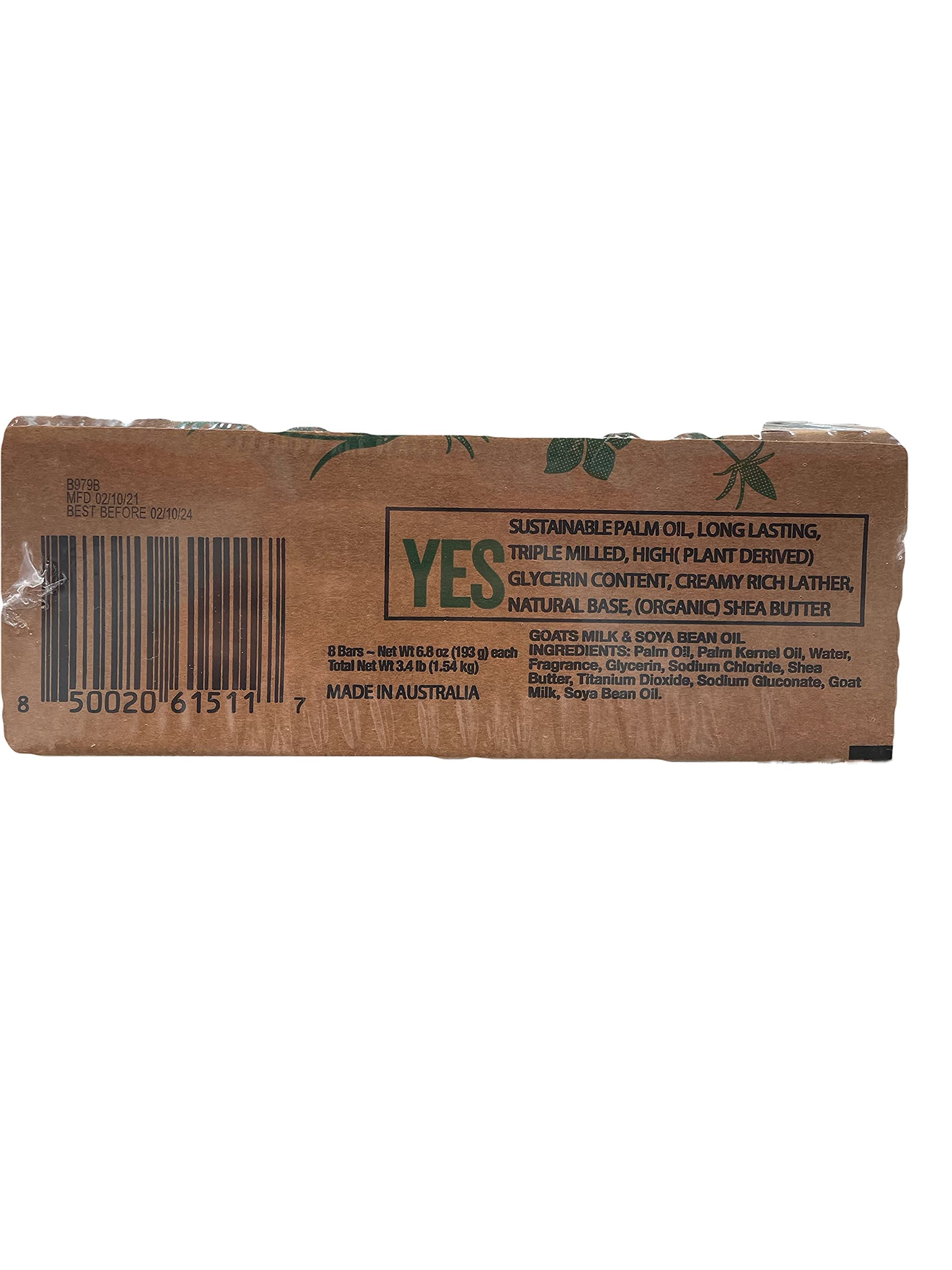 Australian Botanical Goats Milk Soap with Soya Bean Oil, Net Wt. 3.4 lb, 6.8 Ounce Bar Soap, Suitable for all Skin Types Pack of 8, Packaging May Vary