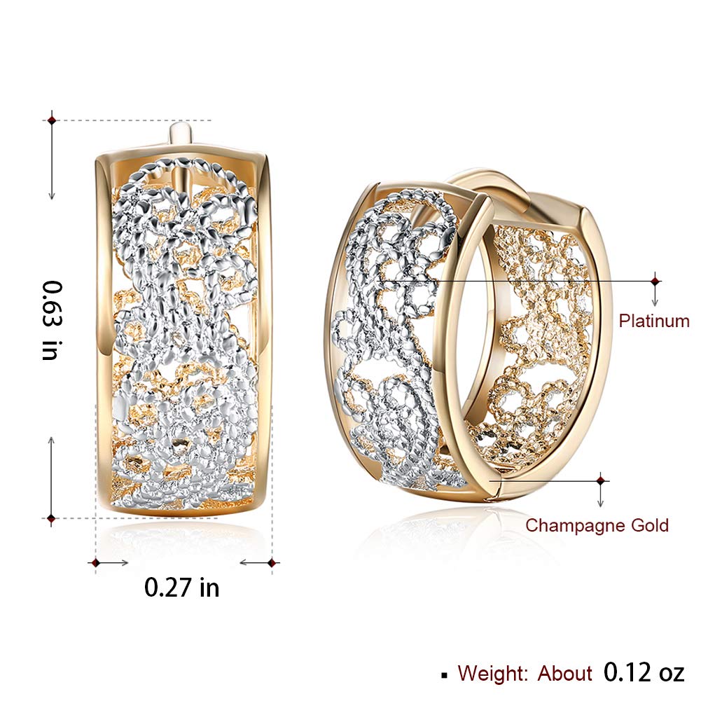 14K Gold Silver Wide Filigree Hoop Earrings Hollow Carved Flower Texture Earrings For Womens Men