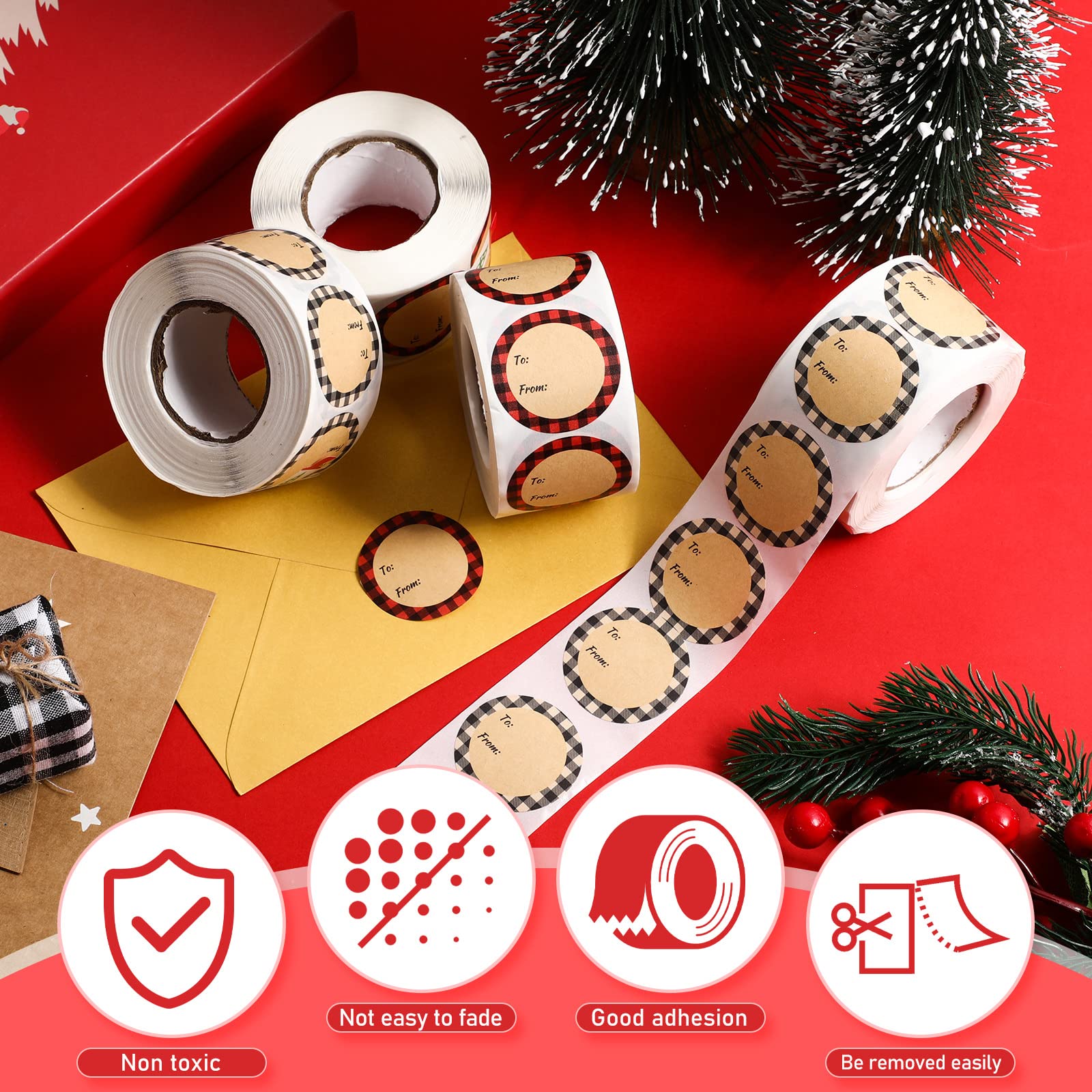 2000 Pieces Christmas to from Stickers, 1.5 Inch Buffalo Plaid Christmas Name Tag Stickers, Kraft Xmas to from Labels for Gift Wrapping, Box and Envelope Sealing