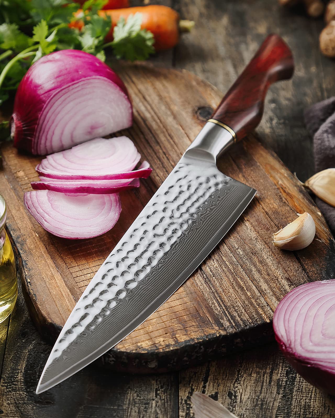 HEZHEN 8.3 Inches Damascus Chef Knife, Damascus Steel Powder Steel Kitchen KnifeHammered Pattern,Natural Rosewood Handle