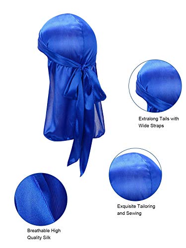 Century Star Kids Silky Satin Durags Head Wrap Silk Durag for Baby Boy Girls Wave Cap Wide Strap Long Tail Turban Beanies Black& Royal Blue