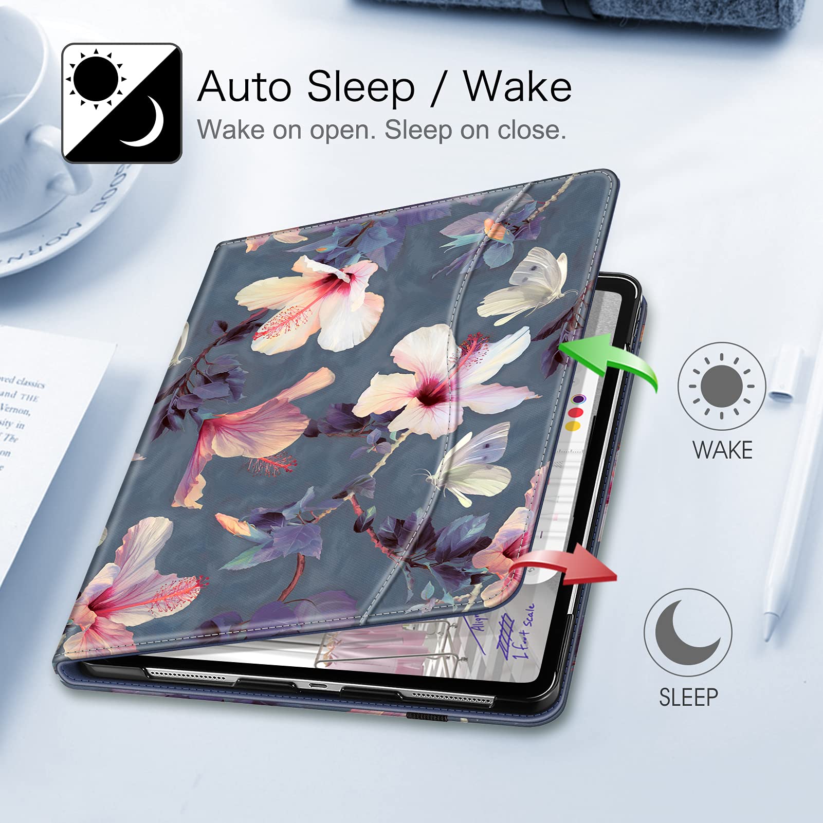 Fintie Folio Case for iPad Pro 12.9" 6th Generation 2022, Multi-Angle Smart Stand Cover w/Pencil Holder & Pocket, Also Fit iPad Pro 12.9 2021 5th & 2020 4th & 2018 3rd Gen, Blooming Hibiscus