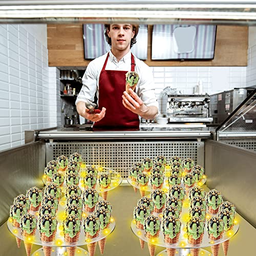 2 Pack LED Ice Cream Cone Holder with Lights 16 Holes Acrylic Ice Cream Cone Display Stand Waffle Cupcake Sugar Cone Cotton Candy Cones Display Rack for Birthday Weddings Parties Anniversaries