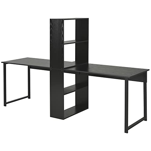 HOMCOM 88" Extra Long 2-Person Computer Desk with Storage Shelves Combo, Double Workstation Storage Study Writing Table for Home Office, Bookshelf, Black