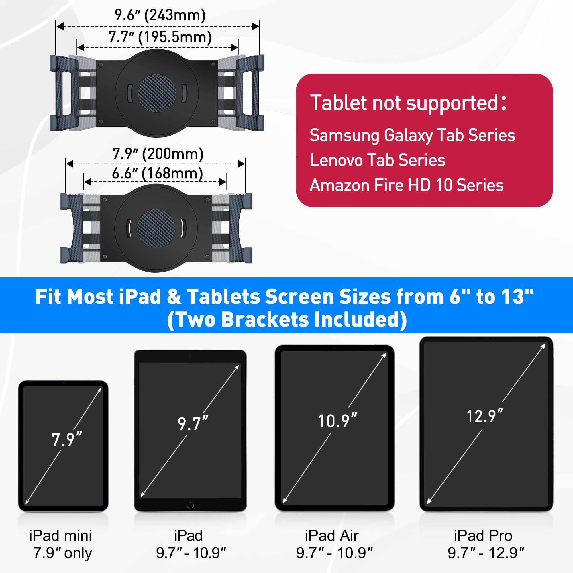 AboveTEK iPad Wall Mount, Swivel 360° Rotating Tablet Holder Two Brackets to Fit 6-13" Tablets, Horizontal/Vertical Tilt iPad Arm for Flexible Viewing Angles in Kitchen Showroom Retail Store (Black)