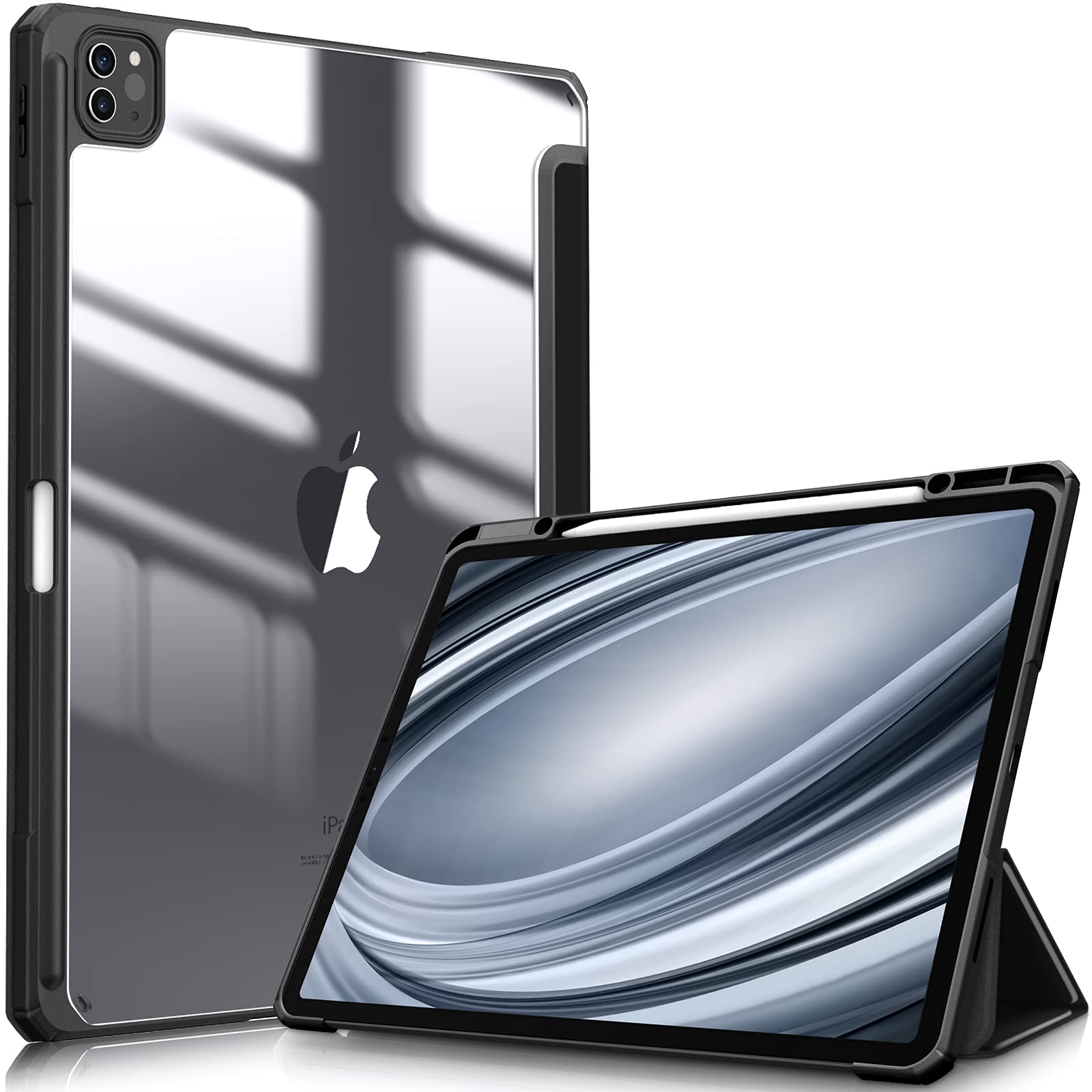 Fintie Hybrid Slim Case for iPad Pro 12.9-inch 6th Generation 2022, [Built-in Pencil Holder] Shockproof Cover w/Clear Transparent Back Shell, Also Fit iPad Pro 12.9" 5th/4th/3rd Gen, Black