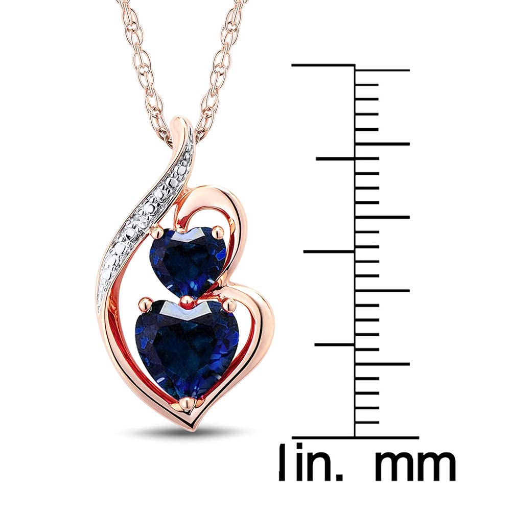 10kt Rose Gold Lab Created Blue Sapphire Heart Necklace Diamond Accent - 18 Inch Chain