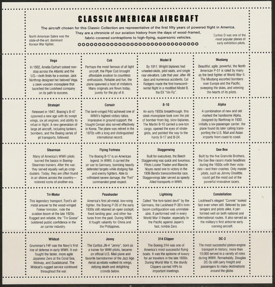 1997 Classic American Aircraft - Sheet of Twenty Stamps Scott 3142