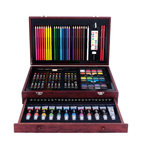 Art 101 USA Deluxe Art Set with 119 Pieces in a Wood Organizer Case, Includes Color Pencils, Paints, brushes and palettes, Learning guides, Portable Art Studio