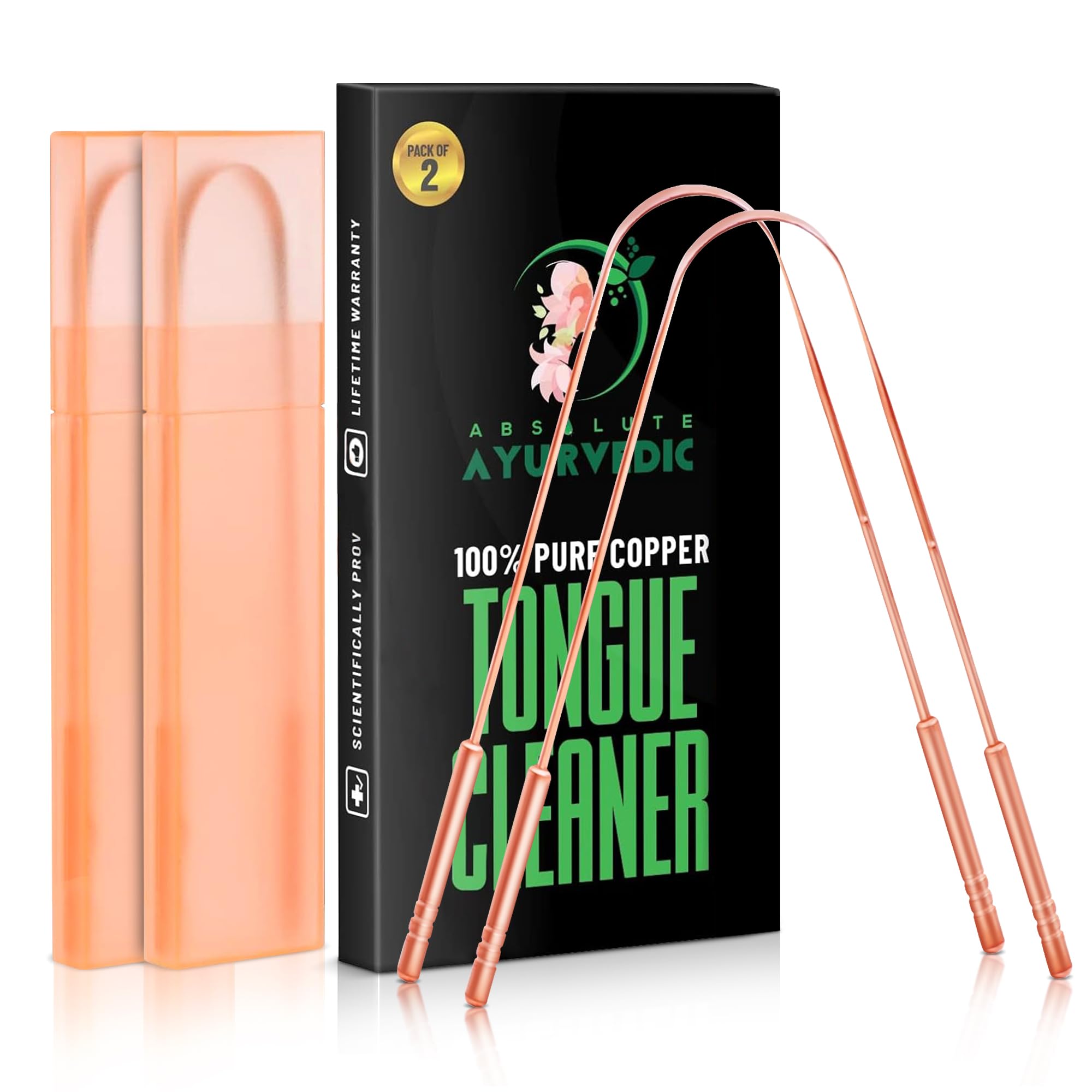 Absolute Ayurvedic Tongue Scraper For Adults Copper, Copper Tongue Cleaner For Oral Health and Fresh Breath, Tongue Scraper For Adults, Travel Tongue Scraper Pack of 2 with Travel Case.