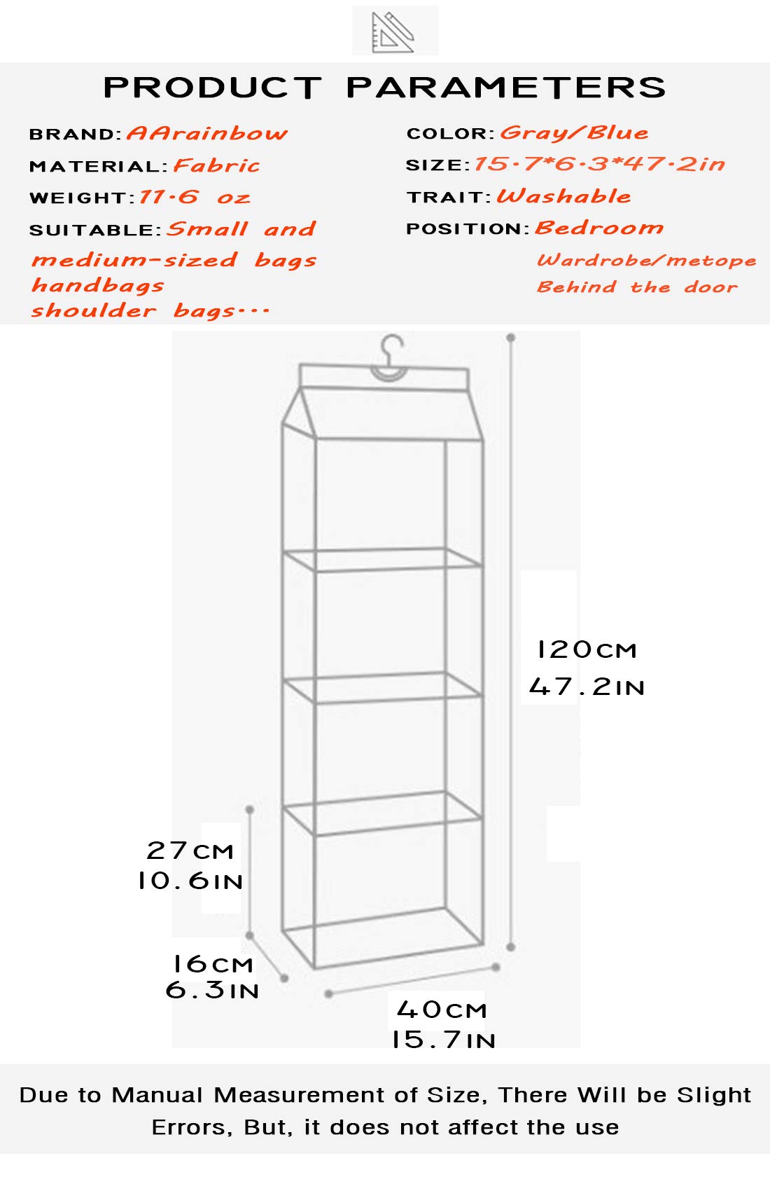 AARAINBOW Hanging Clear Handbag Purse Organizer for Closet, Handbag Organizer with Hook 4 Easy Access Pockets Wardrobe Closet Space Saving Organizers System, 47.2 L x 15.7Wx 6.3D (Gray)