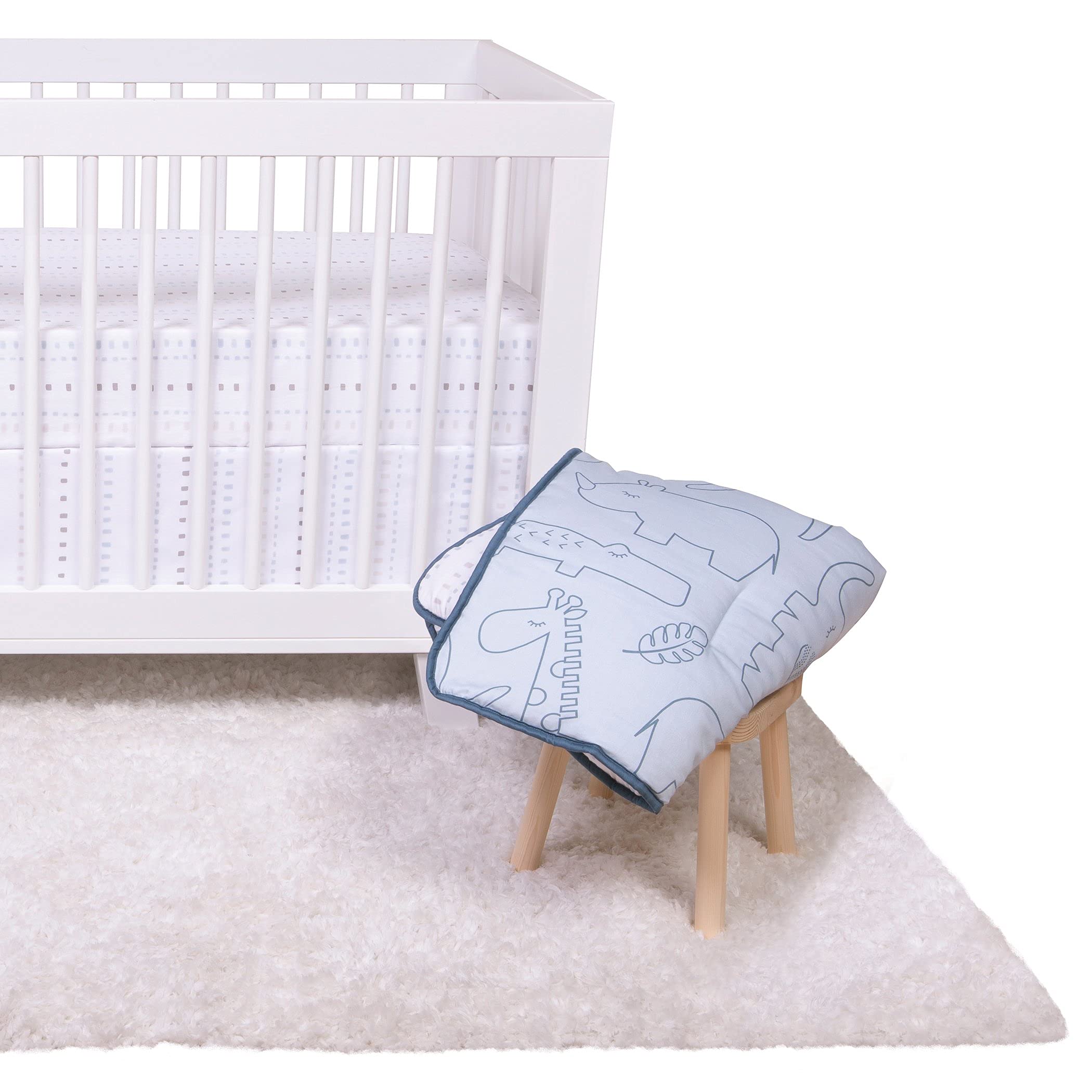 Trend Lab Modern Baby Crib Bedding Set for Boys | Simple Safari 4 Piece Nursery Décor Quilt, 2 Fitted Crib Sheets, and Dust Ruffle Skirt - Blue, 80015