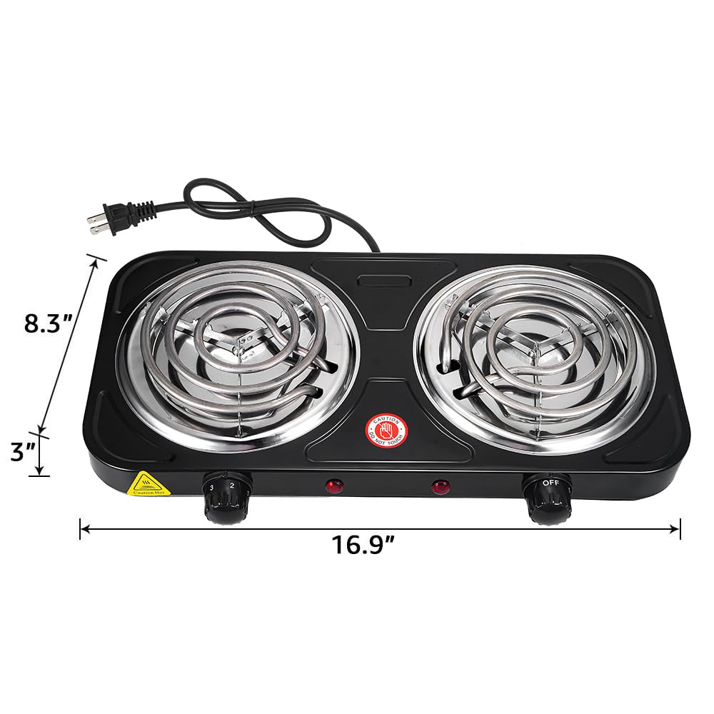 2000W Hot Plate for Cooking, Portable Electric Double Coil Burner for Kitchen Camping with Dual Control & 5 Level Temperature Control, Hot Plate Burners Easy to Clean, Electric Double Burner Cooktop