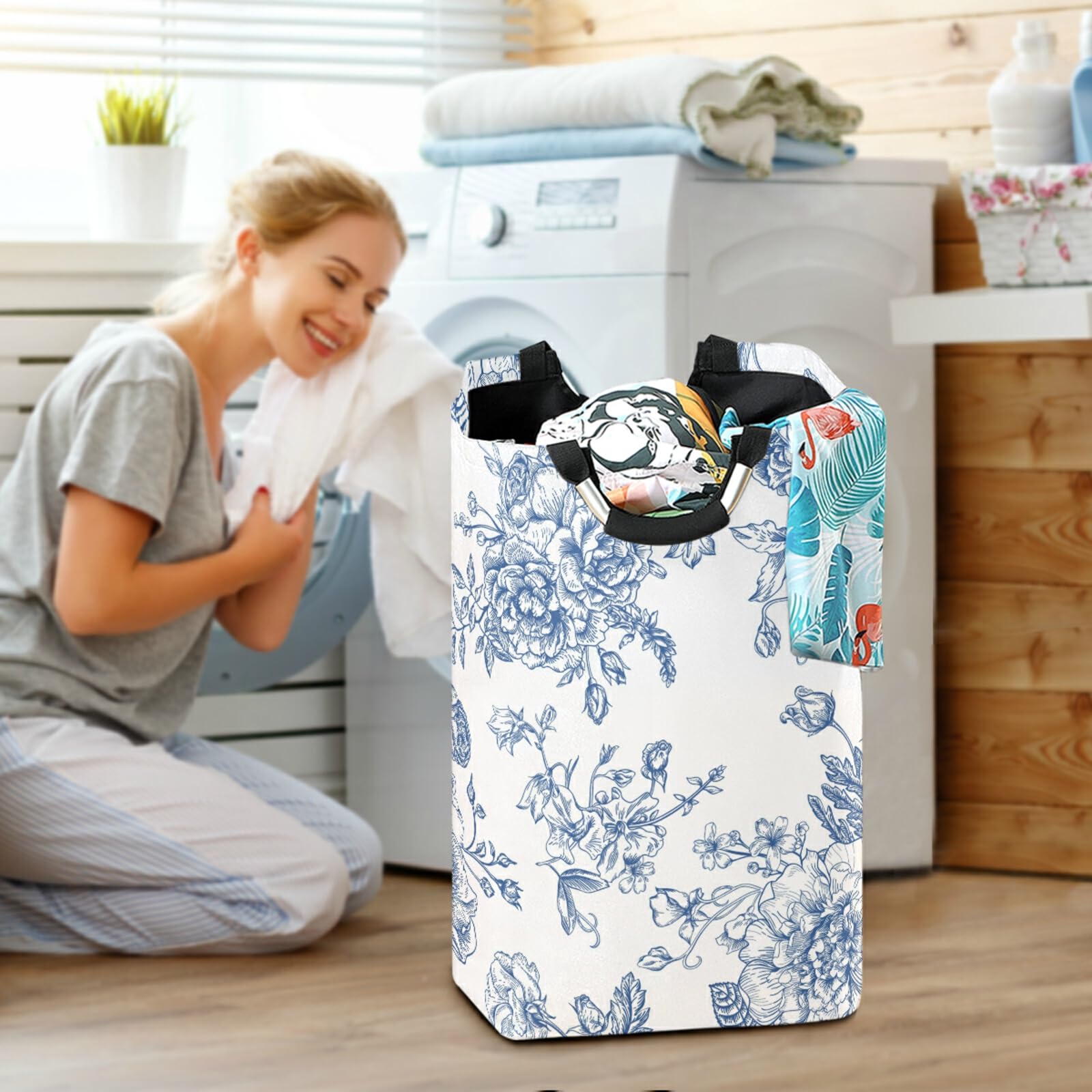 AGONA Blue Flowers Laundry Basket with Handles Large Storage Bin Collapsible Fabric Laundry Hamper Foldable Laundry Bag for Dirty Clothes Toy Bins Gift Baskets Bedroom Baby Nursery