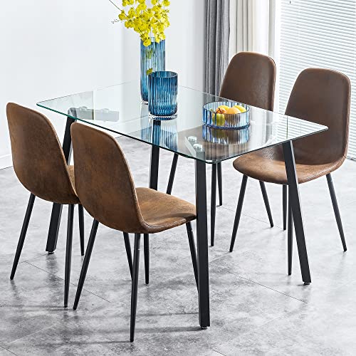 51" Glass Dining Table Set for 4, Small Rectangle Kitchen Room Table with 4 Brown Chairs, Modern Clear Tabletop with Black Metal Legs for Apartment Dining Room Kitchen Living Room