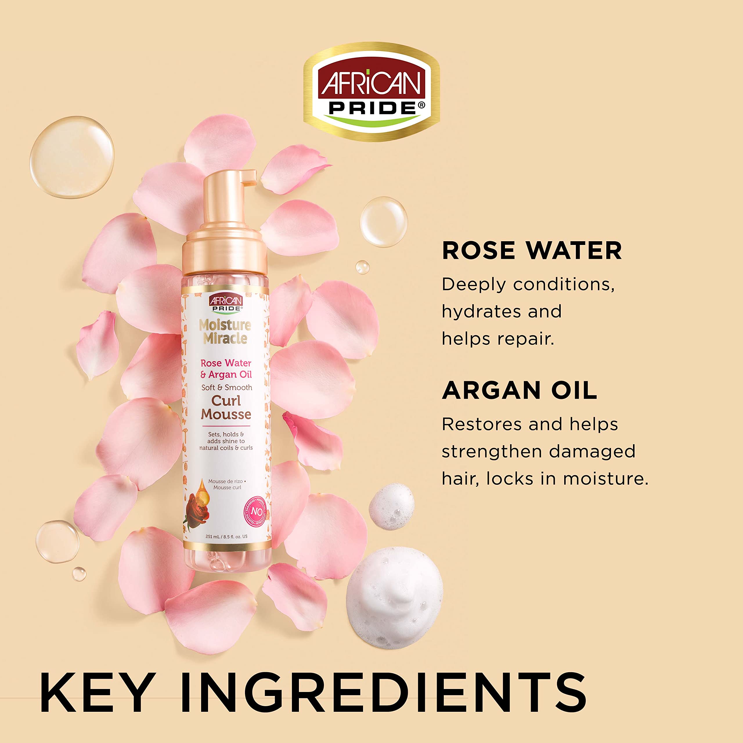 African Pride Moisture Miracle Rose Water & Argan Oil Curl Hair Mousse, Flexible Hold, Enhances Curls, Creates Wave Patterns, No Residue, Deep Moisture, Adds Shine, Strengthens & Protects Hair, 8.5 oz