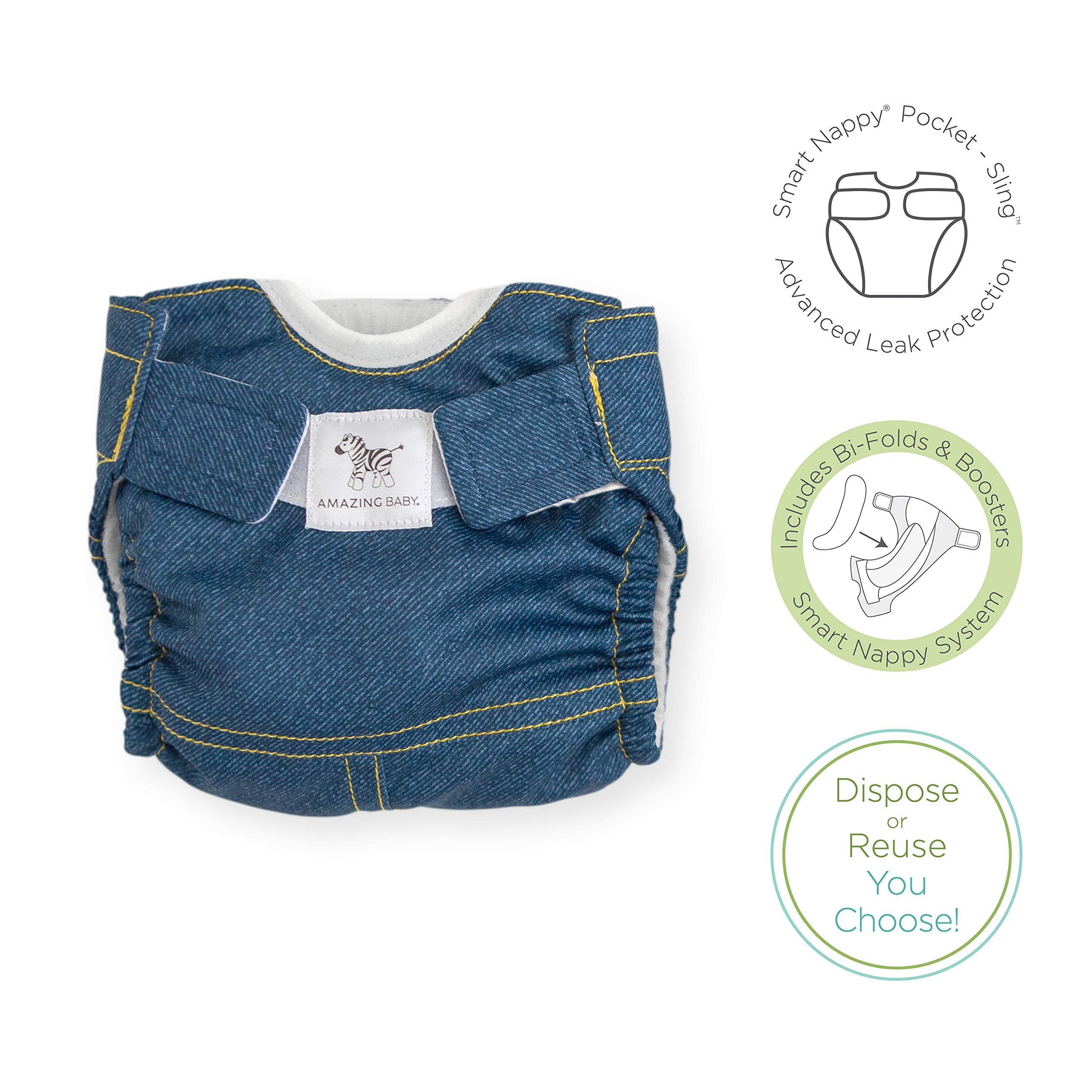 Amazing Baby Hybrid Cloth Diaper Cover/Swim Diaper, Newborn, Sz 1 (8-15 lbs), Use Boosties Disposable or Reusable Inserts, Blue Jean, SmartNappy Set: Cover + Tri-Fold + Booster Pad