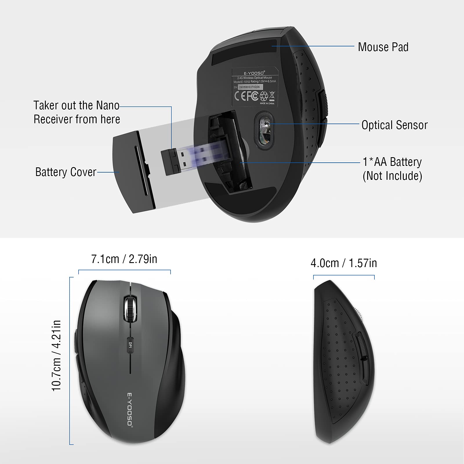E-YOOSO Wireless Mouse for Laptop, Portable Optical Computer Mouse, 6 Buttons, Cordless 2.4GHz with USB Receiver, 5-Level 4800 DPI, 18 Months Battery Life, for PC, Chromebook, Windows, Mac