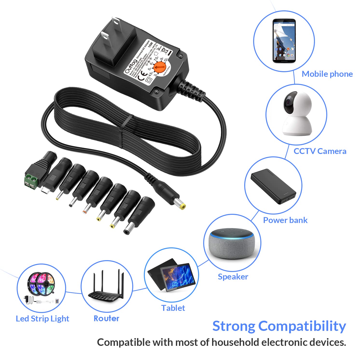 15W Universal AC Adapter 3V 4.5V 5V 6V 7.5V 9V 12V 0.5A 1A 1.25A MAX Multi Voltage Switching Power Supply Replacement for Household Electronics Routers CCTV IP Cameras Smartphone Speakers
