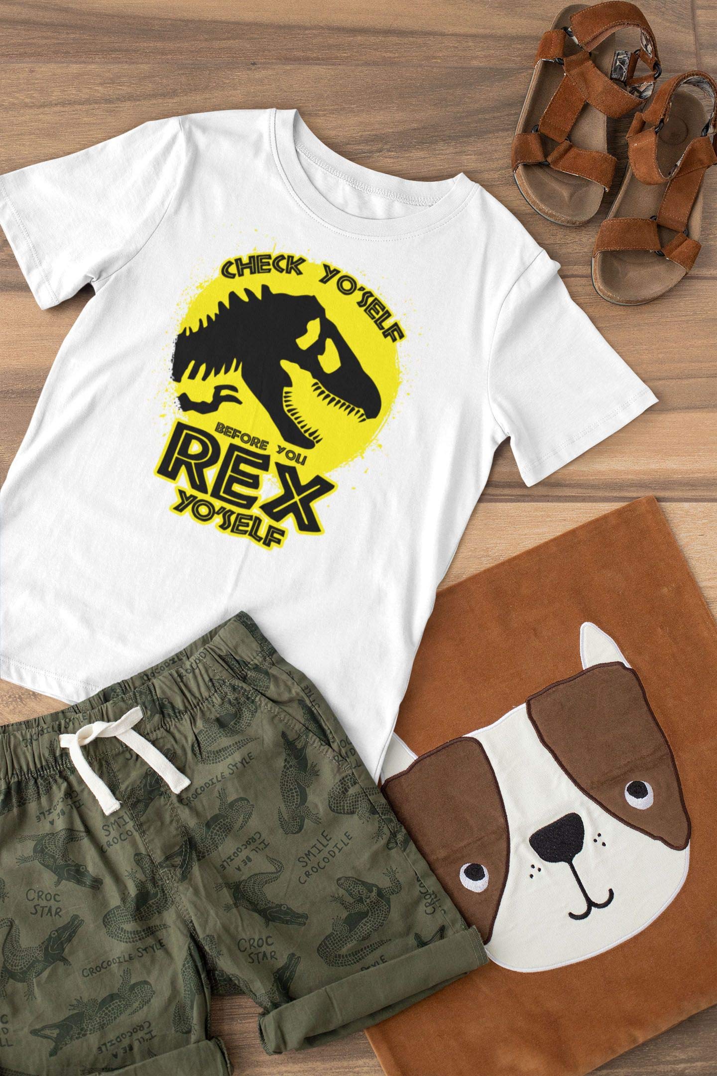 Cute Baby Bodysuits and Toddler Tees Check Yo'self T-Rex Funny Dinosaur Shirt Collection White