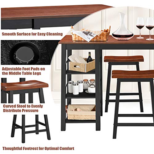 Giantex 3 Piece Dining Set, Entirely Wood Counter Height Table Set with 2 Chair and 3-Tier Storage Shelves, Small Kitchen Table Set with Rubber Wood Frame, Breakfast Table for Small Space, Apartment