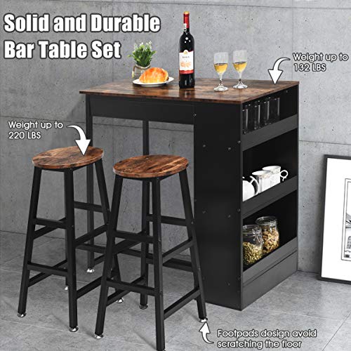 Giantex 3 Piece Pub Dining Set, Wooden Counter Height Table Set with 2 Bar Stools, Industrial Bar Table Set, Sturdy Kitchen Table with Storage for Kitchen, Restaurant, Living Room (Brown)