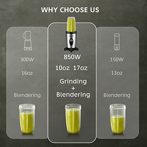 Acezoe Bullet Blender Shakes and Smoothies, 850W Portable Blender, One-Button Mixer, 3D 6-leafs, 2x17oz Personal Blender Bottle, BPA Free Kitchen, baby food, Grinding, Juice