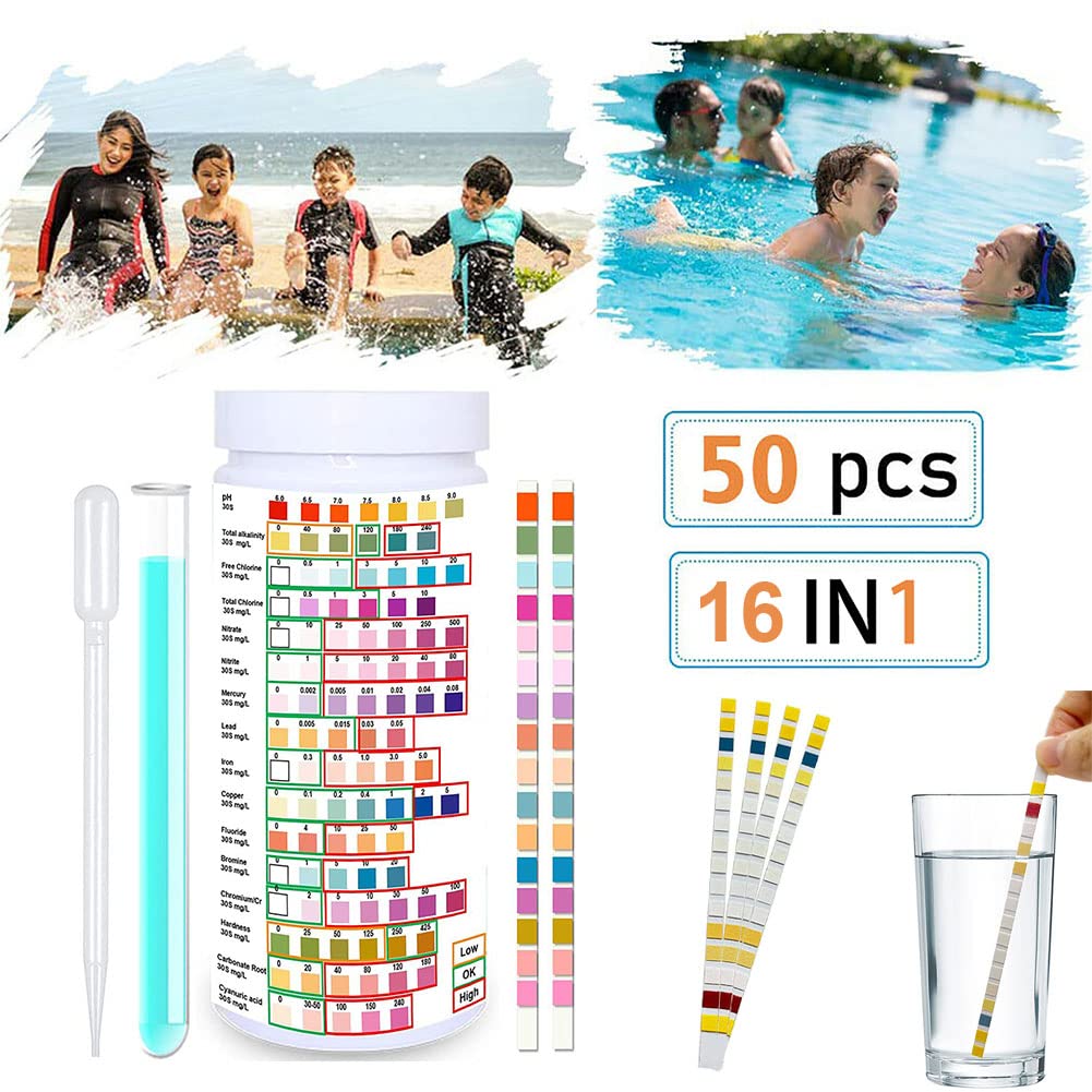 16 in 1 Water Testing Kits for Drinking Swimming Water, Well Water Test Kit for Home Tap Water Quality, Strips Testing Lead Fluoride pH Iron Chlorine Hardness and More (50)