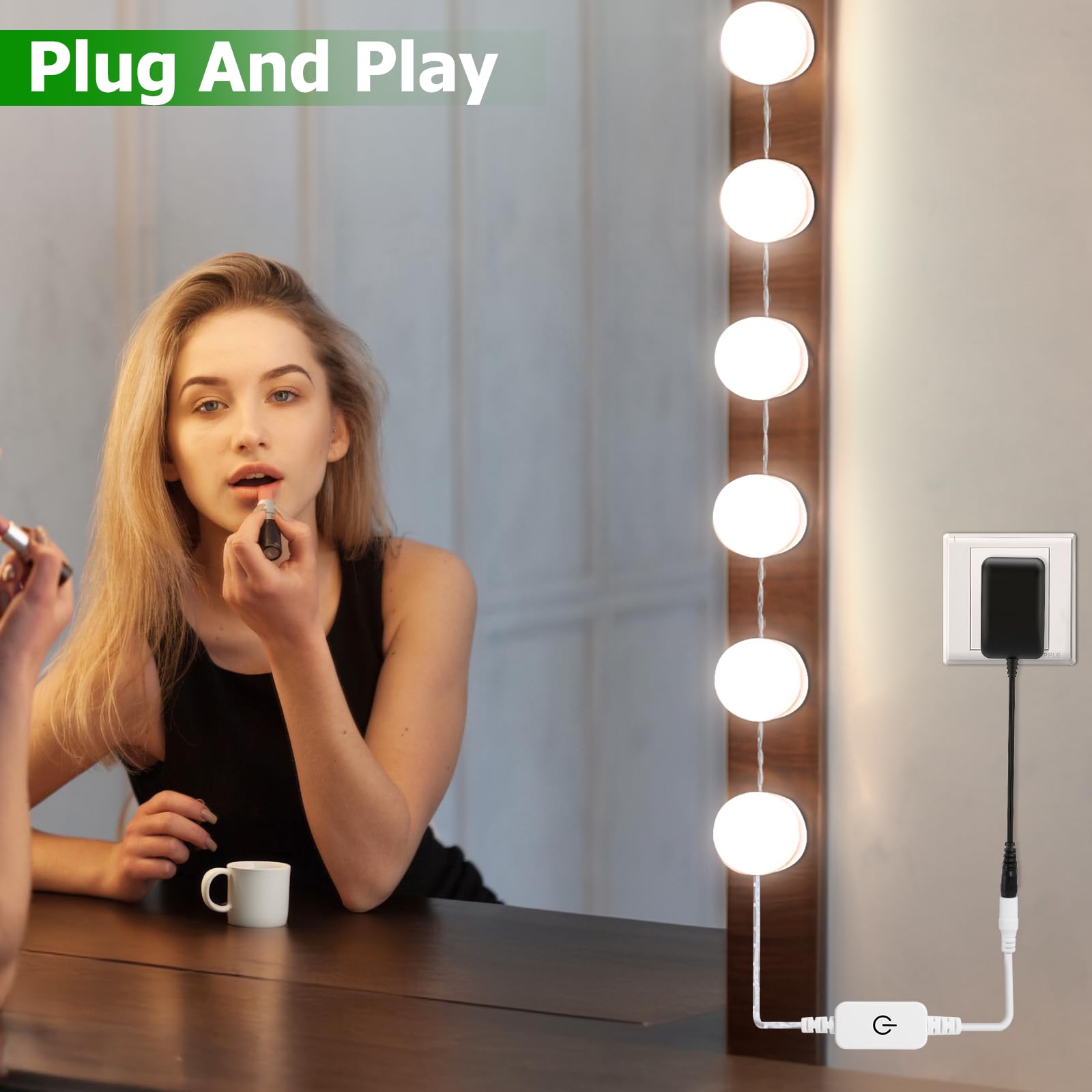AIBOO LED Vanity Mirror Lights Kit, Stick on Dimmable Makeup Lights, 12V Mirror Lighting Strip Fixture for Vanity Dressing Table, Bedroom Wall Lights,CRI>90 (4000K Natural White,10 Bulbs)