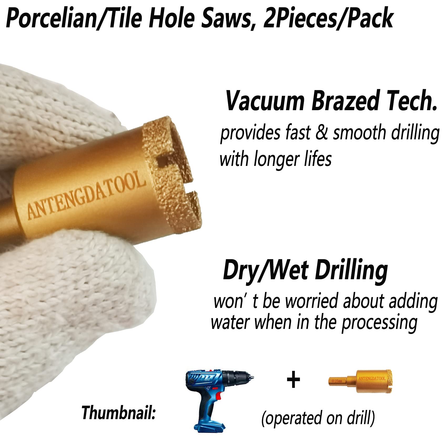 2 Inch Dry Tile Hole Saws Set 2Pcs 50mm Diamond Drill Bits for Poecelain Ceramic Marble Stone Bricks with Triangle Shank by Antengdatool