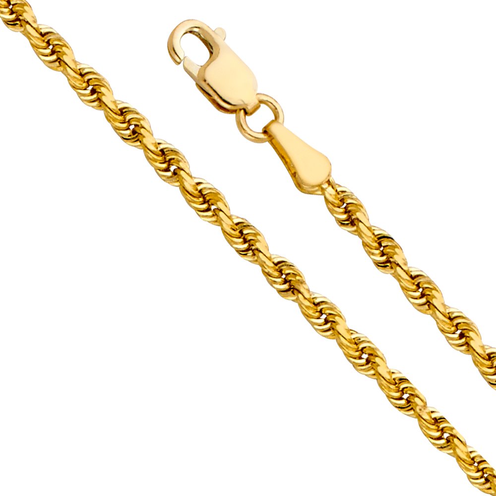 14k REAL Yellow Gold SOLID 3mm Rope Diamond Cut Chain Necklace with Lobster Claw Clasp - 22"