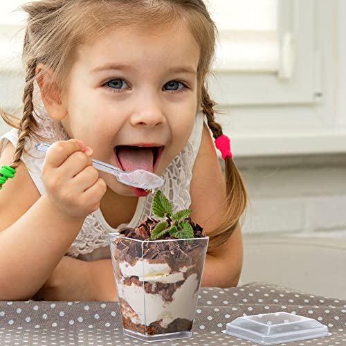 150 Pack 5.6, 3, 2 oz Mini Square Dessert Cups with Lids and Spoons Clear Plastic Parfait Cups Disposable Appetizer Cups Small Dessert Shooter Cups for Serving Party Pudding Fruit and Ice Cream