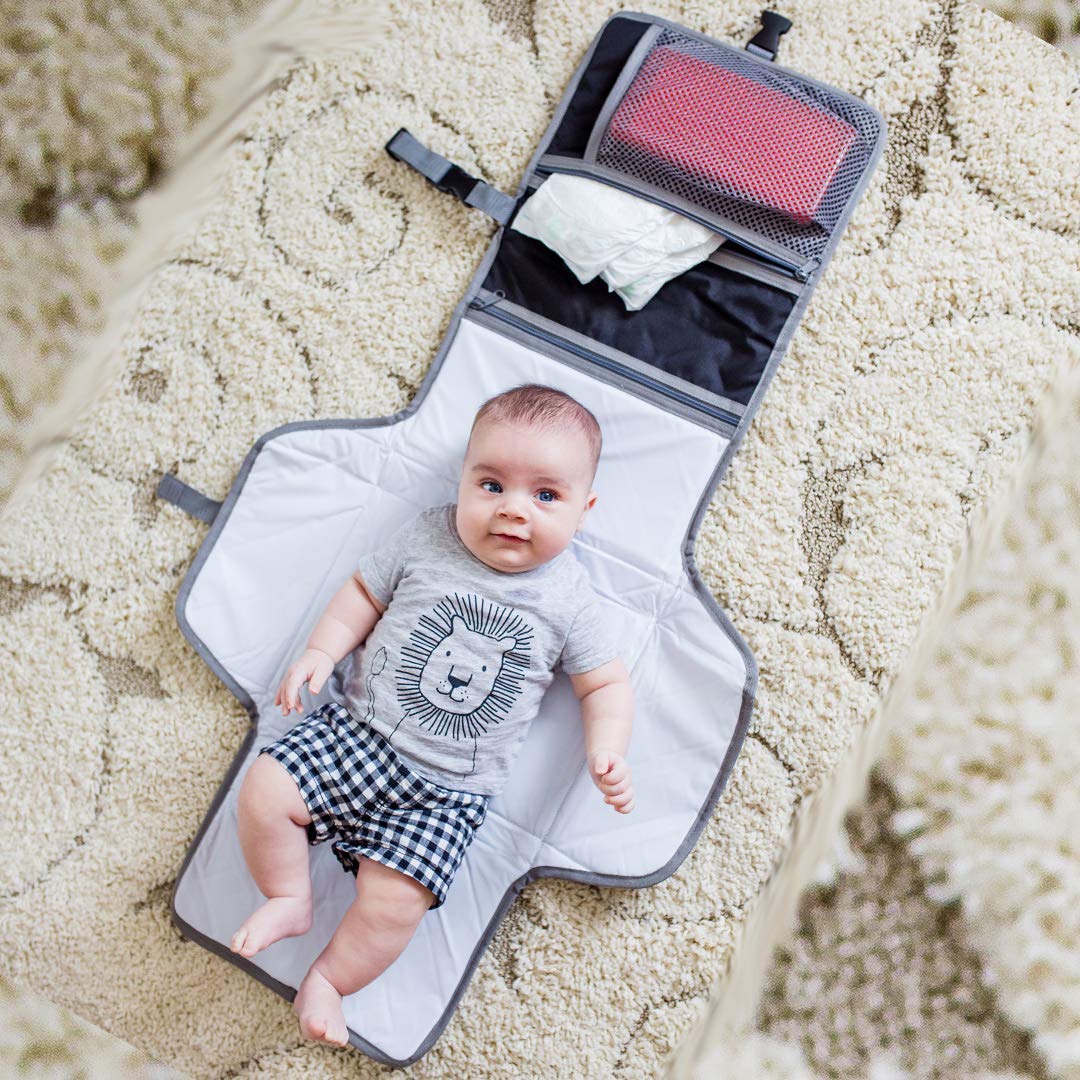 CozyBaby's On-The-Go Diaper Changing Pad (Gray) - Waterproof Padded Diaper Changing Mat with Convenient Storage Compartment Plus Handy Travel Strap & Folds into Easy to Carry Pouch