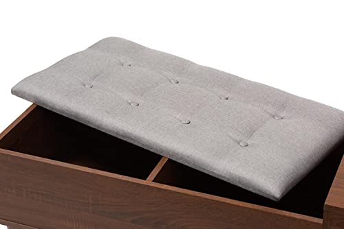 Baxton Studio Merrick Bench Shoe Rack Cabinet Brown//Medium Wood/Mid-Century/Fabric Polyester 100%"/Engineered Wood/Faux Wood Veneer/Powder Coated Vinyl (Legs)/Foam