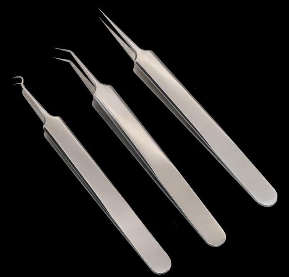 1Set(3PCS) Silver Professional Remove Blackheads Tweezers Set - Stainless Steel Straight/Slanted & Pointed Splinter/Bend Curved Blemish Extractor Tool for Acne Zit Cystic Blemish Whitehead Popping