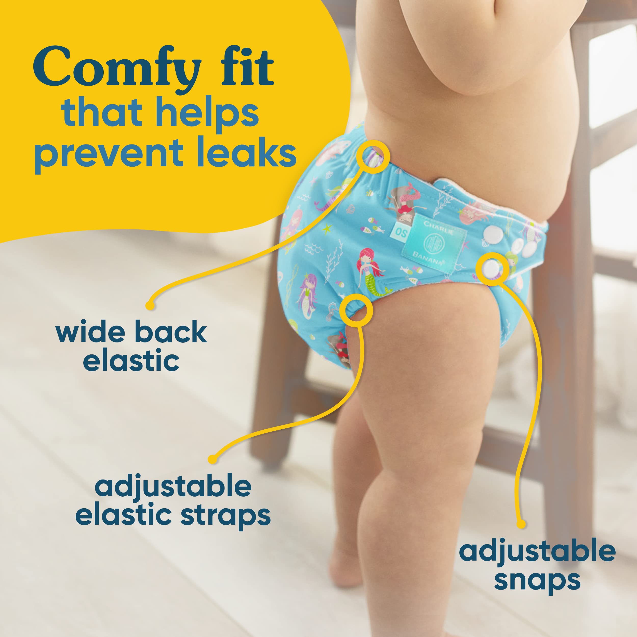 Charlie Banana Baby Washable and Reusable Cloth Diapers, 1 Soft Pocket Diapers and 2 Absorbent Inserts, One-Size, Mermaid Tiffany