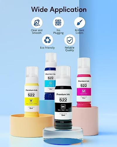 522 High Capacity Refill Ink Bottle Replacement for Epson Compatible 522 Ink Refill Bottles(Not Sublimation Ink) Use for EcoTank ET-2803 ET-2800 ET-2720 ET-4800| Black, Cyan, Magenta, Yellow