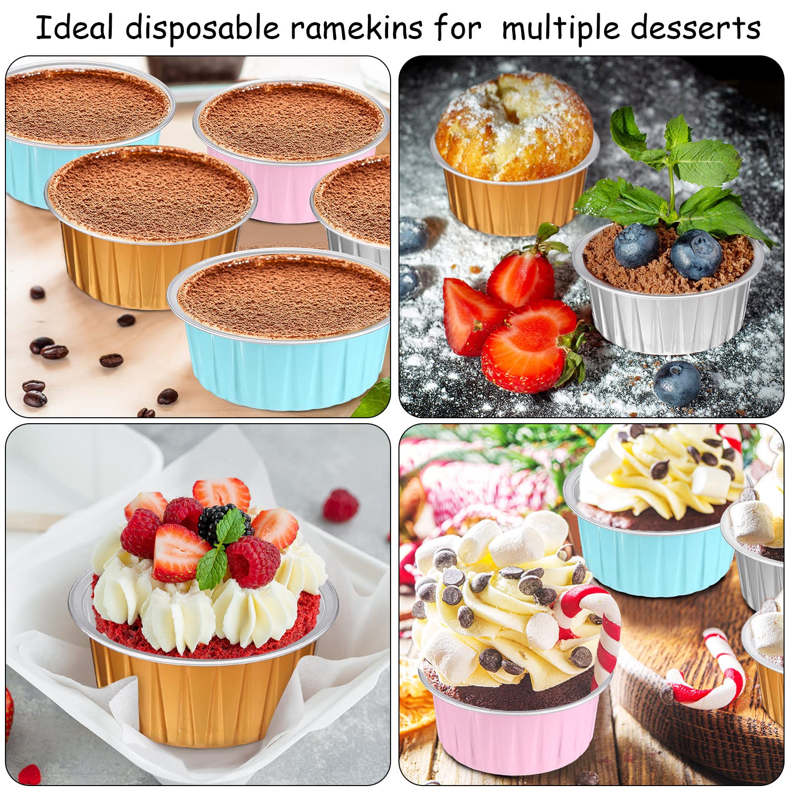150 Pcs Cupcake Liners with Lids 5 oz Aluminum Foil Cupcake Baking Cups Disposable Ramekins Muffin Cups Mini Aluminum Pans with Lids Cupcake Holder for Creme Brulee or Cupcake(Gold Silver Pink Blue)