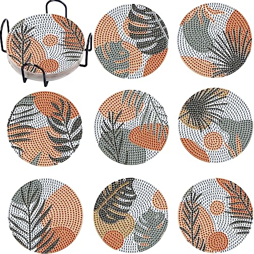 8 Pcs Leaves Diamond Painting Coasters with Holder, DIY Gray Leave Boho Diamond Art Non Slip Coaster for Adults Kids Beginners, Diamond Painting Kits Accessories Art Craft Supplies