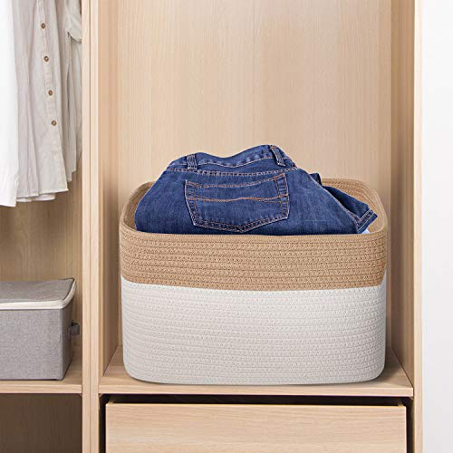 ANMINY 3PCS Woven Cotton Rope Storage Baskets with Handles Large Washable Basket Set Decorative Storage Bins Boxes Blanket Clothes Towel Laundry Organizer Containers - White/Brown