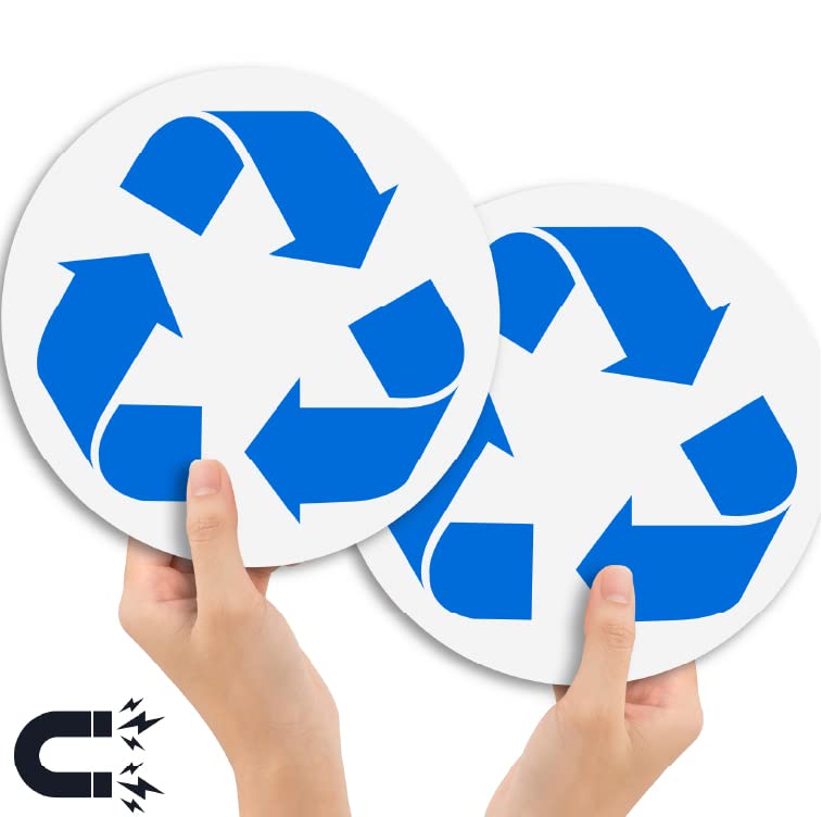 2 Pack (9in x 9in) Recycle Logo Magnet to Organize Your Trash - for Trash cans, Garbage containers and Recycle Bins - Magnet Decal (9in x 9in, Blue/White- Magnet)