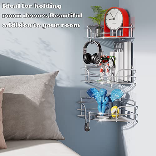 3 Pack Corner Shower Caddy: Stainless Steel No-drilling Bathroom Organizer for All 90° Corners- Installed in Minutes, Heavy Duty Shower Shelves for Storage- 6 Metal Hooks with Caps, 2 Extra Adhesives