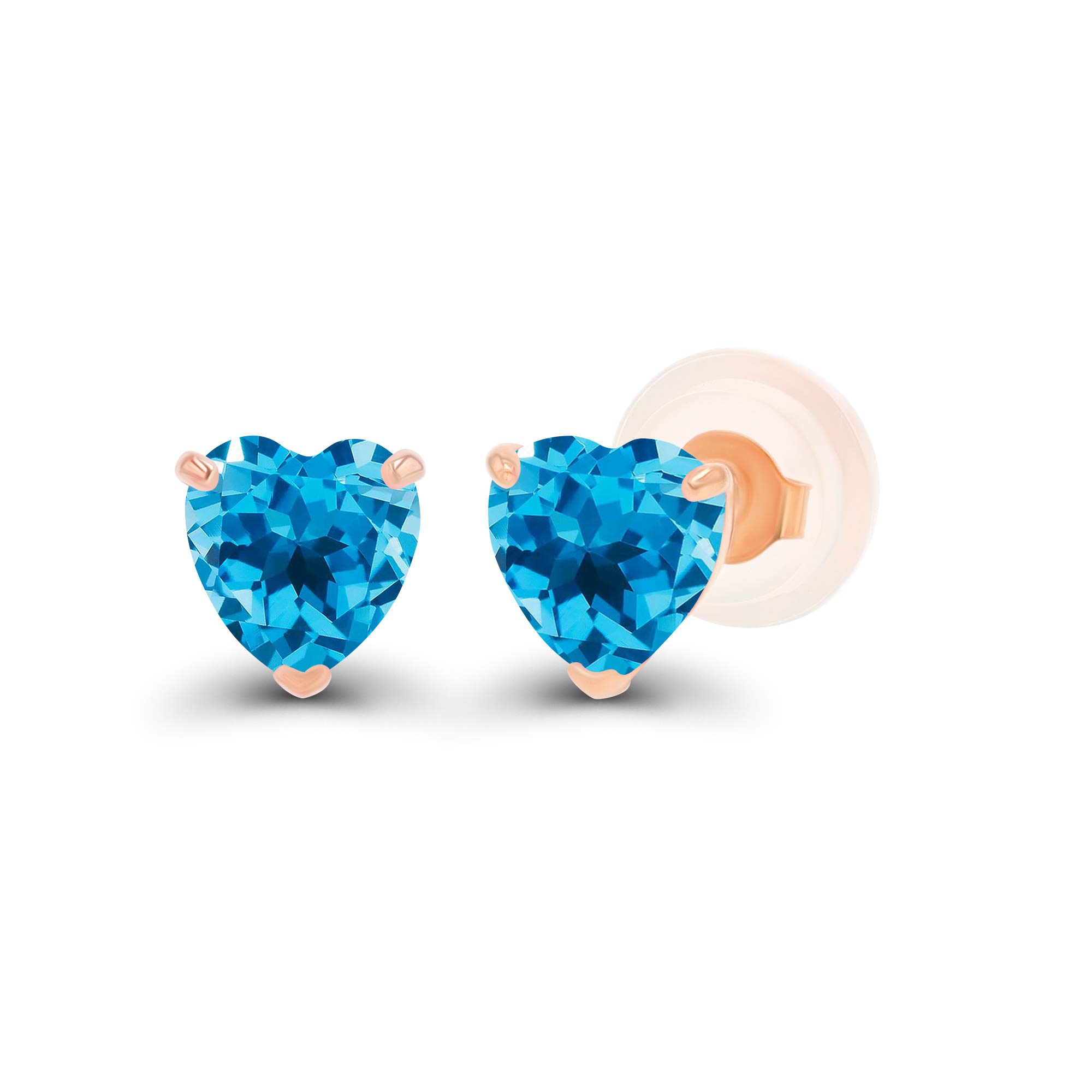 14K Rose Gold Plated Sterling Silver 4mm Heart Natural Swiss Blue Topaz December Birthstone Genuine Stud Earrings For Women