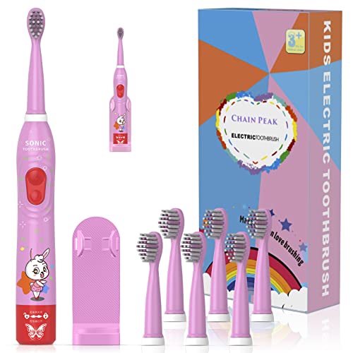 CHAIN PEAK Kids Sonic Electric Toothbrush, Rechargeable Smart Toothbrush for Children Toothbrush for Toddlers Age 3-12 with 30s Reminder, 2 Mins Timer, 6 Modes, 6 Brush Heads, Wall-Mounted Holder