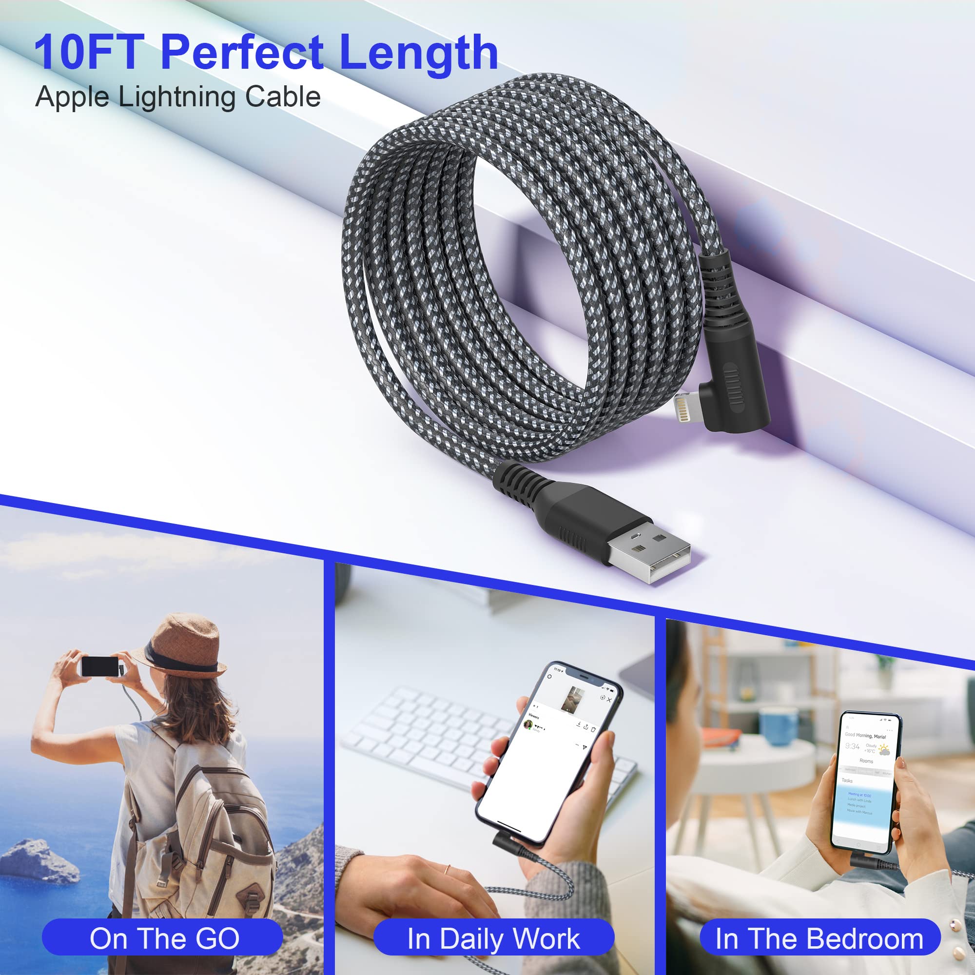 10FT iPhone Charger 90 Degree, [Apple MFi Certified] USB-A to Lightning Cable Right Angle, Nylon Braided iPhone Fast Charging Cord for iPhone 14 13 12 11 Pro Max XR XS X 8 7