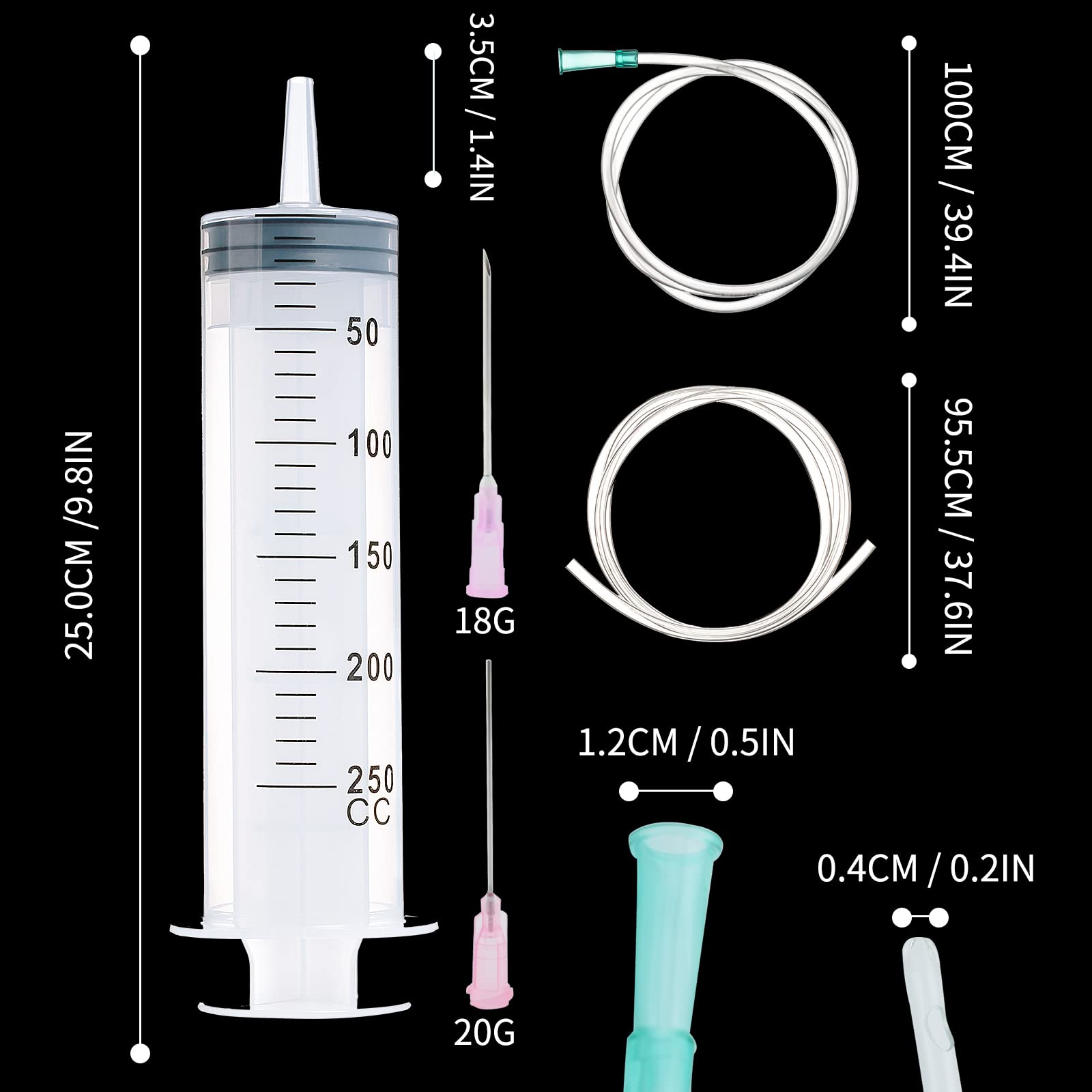 2 Pack 250ml Syringe with 40 Inch Tube and 18Ga 20Ga Dispensing Needle for Scientific Labs, Watering, Refilling